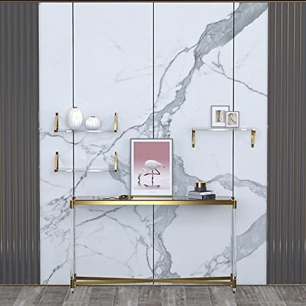 Gold Shelves Crystal-Clear Acrylic Floating Shelves,Gold Floating Shelves,Gold Wall Shelf,Sturdy Thickness 10mm(0.4inch) Acrylic Shelves for Wall Decor,Gold Shelving for Living Room Decor Set of 3.