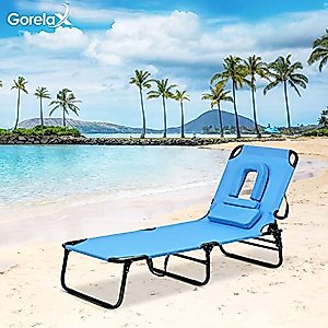 ReunionG Folding Bench Chair with A Hole for Face Down, Adjustable Chaise Lounge Chair with 4-Level Reclining Positions and Removable Pillows, Outdoor Recliner Chair for Beach, Pool, Lawn and Patio