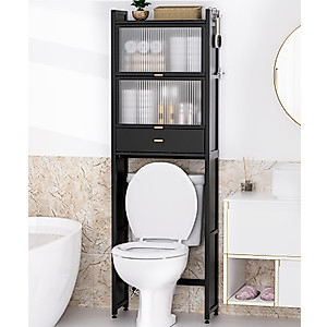 Cozivolife Over The Toilet Storage Cabinet with Drawer and Flip Door,Bamboo Bathroom Organizer Shelf with Anti-Tip Design and Waterproof Feet Pad,Freestanding Rack Above Toilet Space Saver (Black)