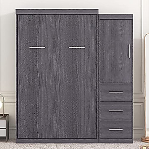 CITYLIGHT Twin Size Murphy Bed with 3 Storage Drawers and Wardrobe, Modern Wall Bed Can Be Folded into a Cabinet, Twin Murphy Bed Frame for Bedroom, Living Room or Home Office (Twin, Gray)
