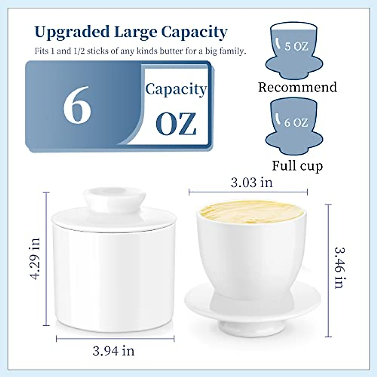 French Butter Crock, LOVECASA Ceramic Butter Dish with Lid for Countertop, Farmhouse Butter Keeper Container with Water Line,Perfect Butter Storage to Keep Fresh and Spreadable（White）