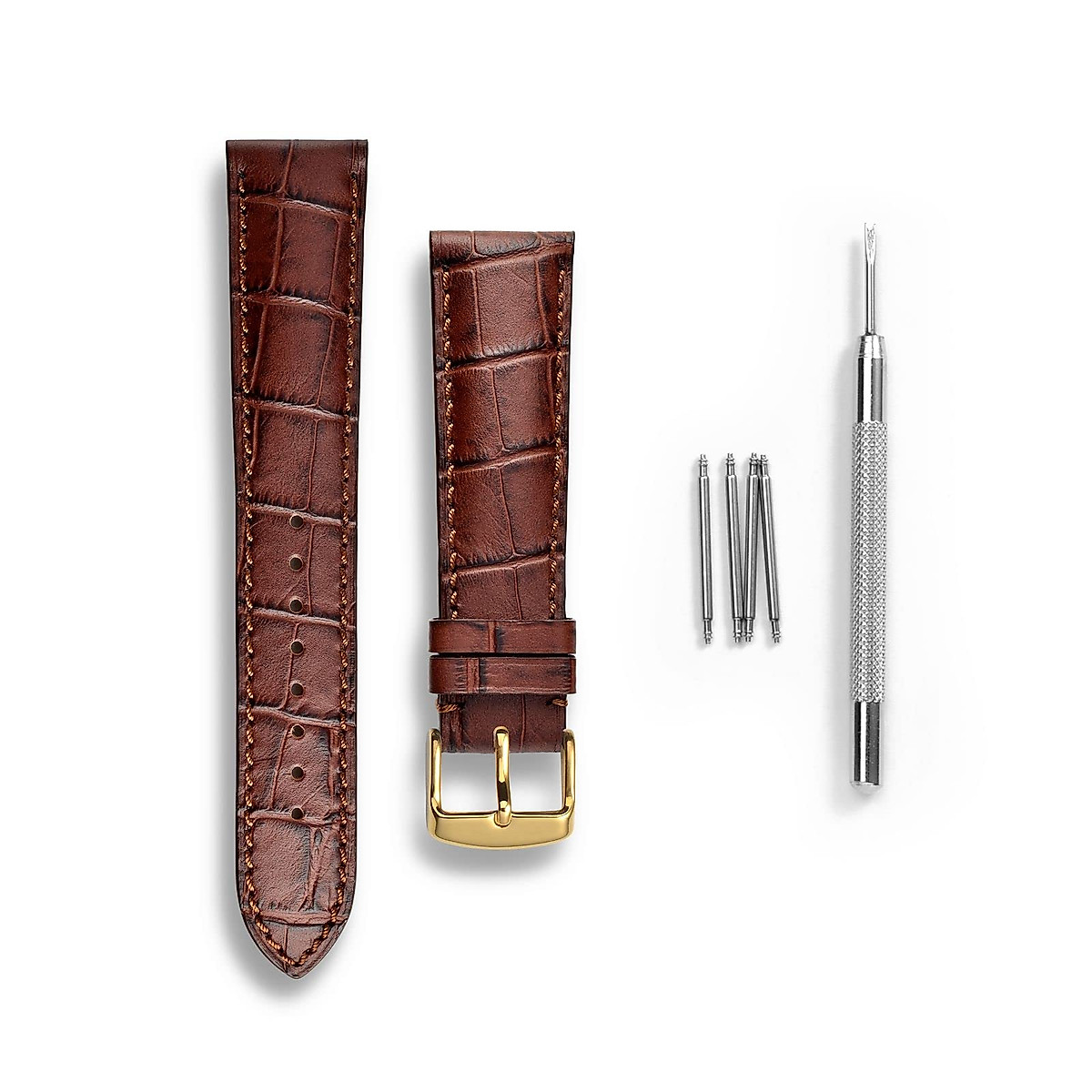WOCCI 19mm Watch Band, Italian Leather, Embossed Alligator Grain, Gold Buckle (Brown)