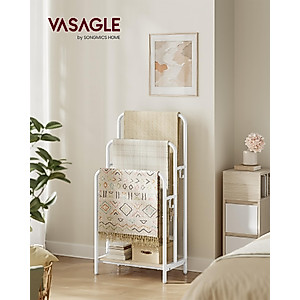 VASAGLE Freestanding Towel Rack, 3-Tier Blanket Holder with Storage Shelf, 19.7 x 11.8 x 39.4 Inches, Blanket Rack, 2 Hooks, for Blankets, Bath Towels, Cloud White and Natural Beige ULLS009W01