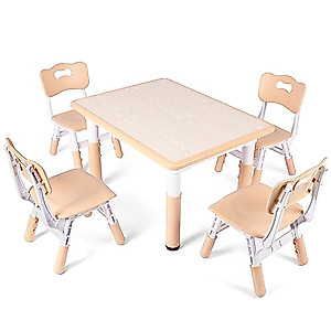 DOREROOM Height-Adjustable Kids Table and 4 Chairs Set, Toddler Table and Chair Set with Graffiti Desktop, 31.5''L x 23.6''W Children Activity Table for Daycare, Classroom, Home
