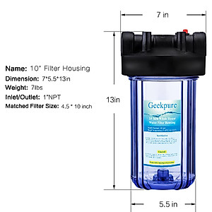 Geekpure 10 Inch Big Clear Water Filter Housing for Whole House Water Filtration with Wrench Bracket -1" Port-4.5" x 10"