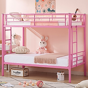 VECELO Bunk Bed Twin Over Twin, Metal Bunkbeds with Ladder and Full-Length Guardrail, No Box Spring Needed, Space Saving, Noise Free, Pink