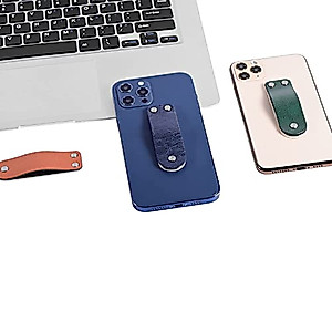 Hualing Metal Cell Phone Finger Ring Stability Holder Back Stand Collapsible Stainless Steel + Real Leather Hand Grip Universal for iPhone Samsung Galaxy Mobile (Blue), SSL