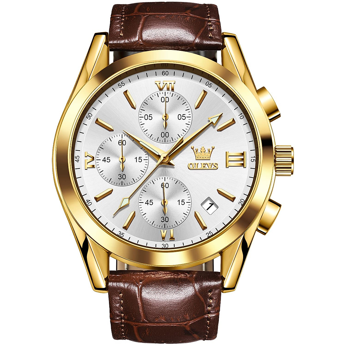 OLEVS Brown Leather Watch Men Chronograph Gold Case Analog Quartz Fashion Business Dress Large Face Men Watch Multifunction Luminous Waterproof Casual Male Wrist Watch White Dial Reloj para Hombre