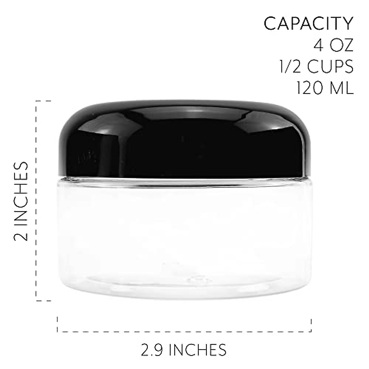 Cornucopia 4-Ounce Clear Plastic Jars (12-Pack); Jars w/Black Domed Lids for Cosmetics, Kitchen Spices, Crafts & Office