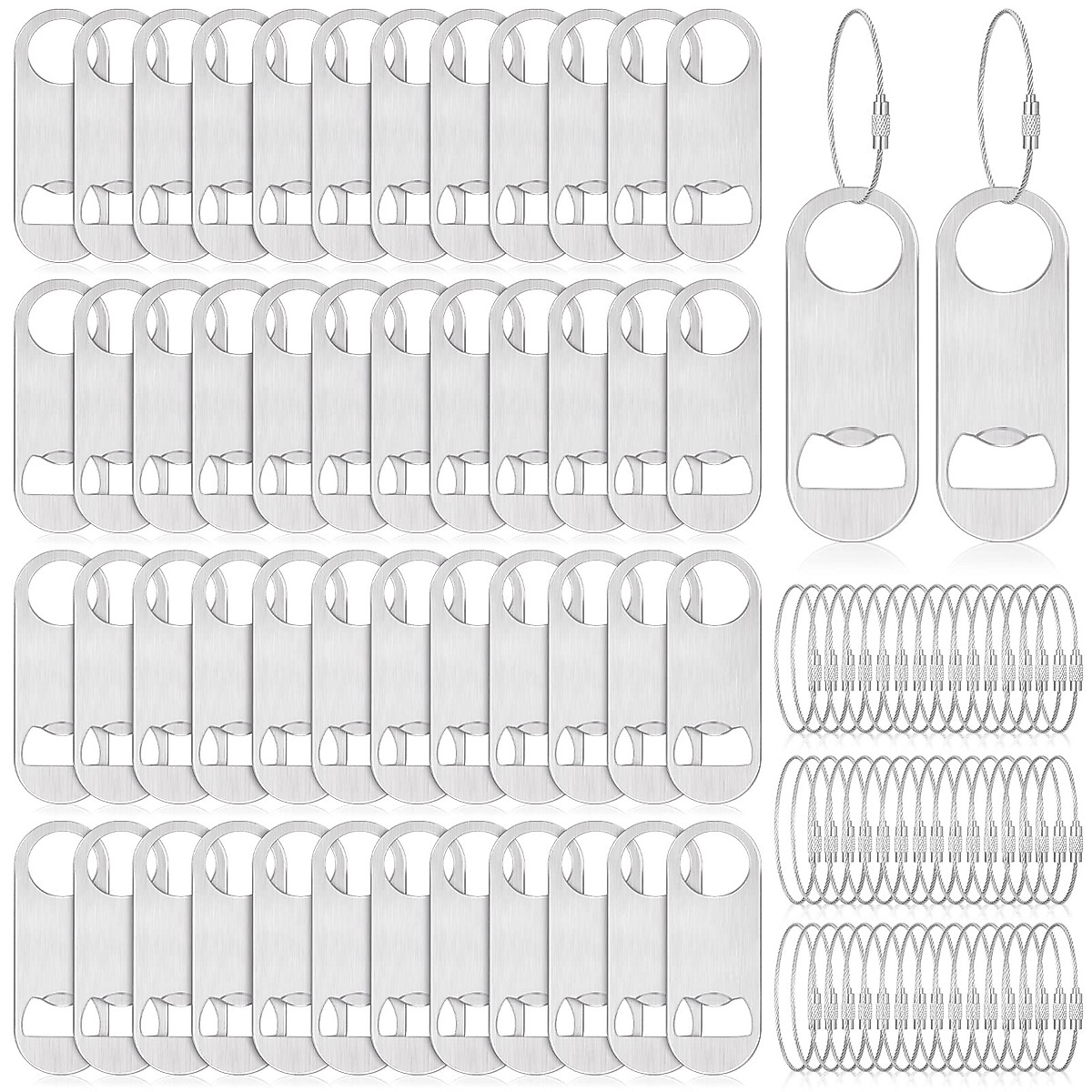 50 Pieces Stainless Steel Flat Bottle Opener with Keychain Beer Opener Bulk Soda Beverage Opener for Men Women Bartender Kitchen Bar Restaurant Tool, 3.5 x 1.3 Inches (Silver)