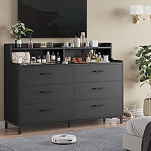 Hasuit 6 Drawers Double Dresser with Shelves, Large Wooden Storage Tower Organizer, Wide Chest of Drawers, Black Dresser for Bedroom, Living Room, Entryway