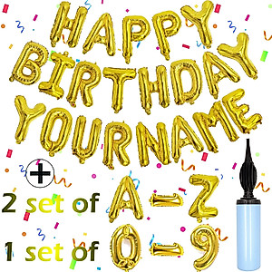 76pcs Happy Birthday Balloon Banner, Gold Balloons Letters, Personalized 16" Mylar Foil Birthday Decorations includes 2 Sets A- Z, 1 set Number 0-9 and "HAPPY BIRTHDAY" letters (with Balloon Pump)