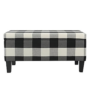HomePop Large Upholstered Rectangular Storage Ottoman Bench with Hinged Lid, Black Buffalo Plaid