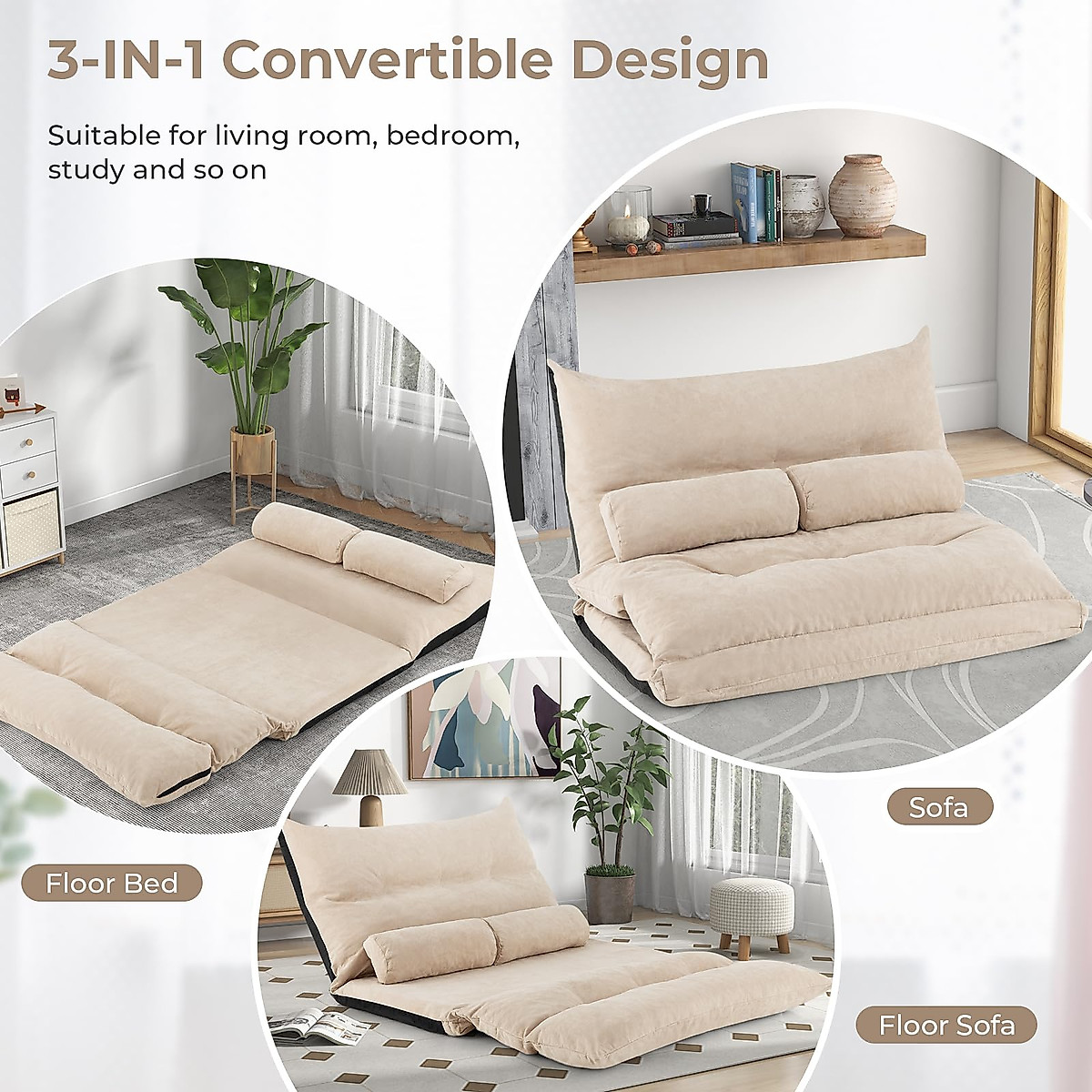 SPORFIT BETTARY Floor Sofa Bed, Convertible Lazy Sofa Bed with Adjustable Backrest and Headrest, Folding Mattress Bean Bag Chair, Guest Chaise Lounge for Bedroom, Living Room (Beige)