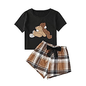 SweatyRocks Women's 2 Piece Pajama Set Graphic Short Sleeve Tee Shirt and Cute Plaid Shorts Black Brown Large