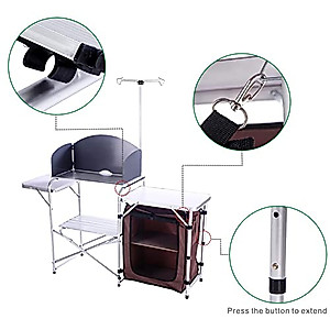 CAMP SOLUTIONS Camp Kitchen Table with Storage Organizer, Outdoor Cooking Table, Grill Tables for Outdoor,Portable Aluminum Windscreen Hooks for BBQ, Party (White)