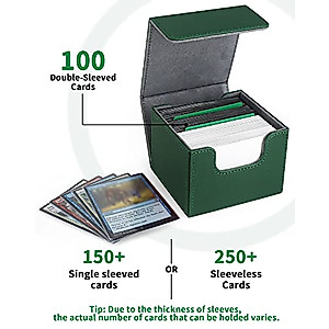 ZLCA Card Deck Box with 2 Dividers for MTG Cards, Large Horizontal Card Storage Box Fits 150+ Single Sleeved Cards, PU Leather Commander Deck box for TCG CCG (Green)