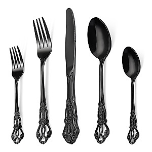 Retro Royal 20 Pieces Stainless Steel Silverware Set,Anti-rust Flatware Cutlery Set for 4,Luxury Kitchen Utensil Tableware Set Include Fork Spoon Knife,Mirror Polished Dishwasher Safe,Black