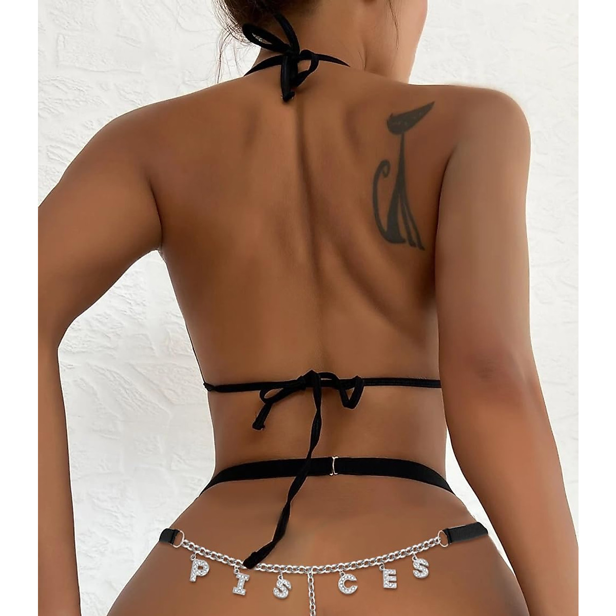Women Rhinestone 12 Constellation Pendant G-Thong Sexy Pisces Letter Underpants with Waist Chain Belly Chain Panty Body Chain Jewerly