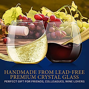 NutriChef 15oz Stemless Wine Glasses - Set of 2 Ultra Thin Elegant Red & White Wine Clear Crystal Glass Drinkware, Lead-Free, Hand Blown Seamless Bowl, Dishwasher Safe,