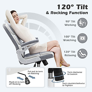 SEATZONE Home Office Desk Chairs Grey Linen Fabric Executive Office Chair with Wheels and Arms Comfortable Ergonomic Desk Chair for Adults and Teens