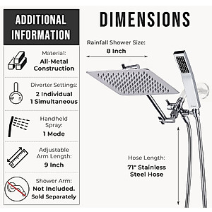 G-Promise All Metal Dual Square Shower Head Combo | 8" Rain Shower Head | Handheld Shower Wand with 71" Extra Long Flexible Hose | Smooth 3-Way Diverter | Adjustable Extension Arm - A Bathroom Upgrade