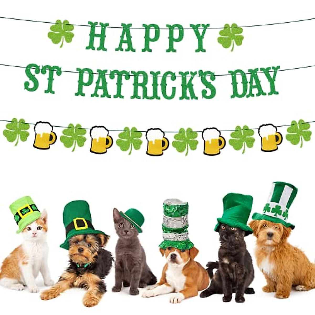 St Patricks Day Banner, SEPGLITTER 3 Strings St. Patrick's Banner Gold Glitter Saint Patricks Day Decorations Happy St. Patrick's Day Banner Decor with Clover Signs for Shamrock Garland Party Supplies