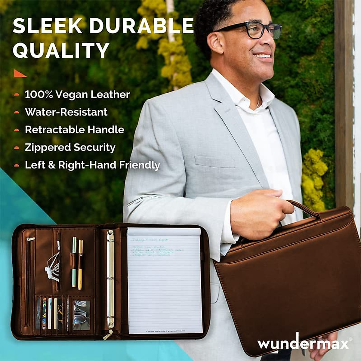 Wundermax 13x10.7x1.9in Vegan Leather Padfolio for Men/Women with Handle, Zipper, Notepad, Detachable Binder, Tablet Pocket - Brown