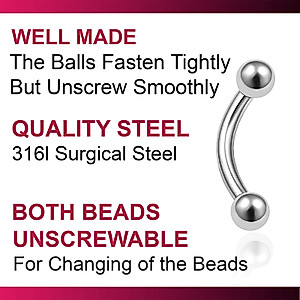 bodyjewellery 4pcs 14g Curved Barbell Septum Cartilage Earring Eyebrow Nose Lip Tragus Rook Daith Conch Stud Steel 3mm Balls - 10mm