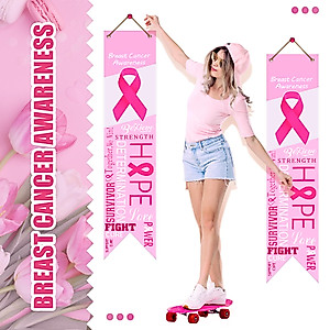 12 Pieces Pink Ribbon Hanging Banner Breast Cancer Awareness Banner Decorations Hope Faith Strength Courage Banner Porch Sign Background for Party Breast Cancer Awareness Event
