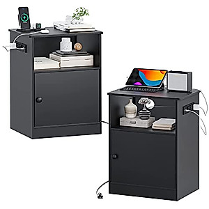 EPHEX Set of 2 Nightstand with Charging Station and USB Ports, Modern End Side Table with Cabinet and Open Storage, Bedside Table for Bedroom, Black