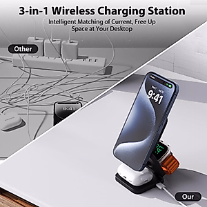 KU XIU Foldable 3 in 1 Charging Station for Apple, Fast Magnetic Wireless Charger Compatible with iPhone 15 14 13 12 Pro/Max/Plus, 5W for Apple Watch 9/8/7/6/5/4/3/2/SE/Ultra 2, AirPods 3/2/Pro(Black)