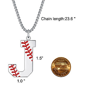 VEEHOO Baseball Necklace for Men Boys,Initial A-Z Letter Baseball Jewelry Pendant Baseball Gifts for Boys Boyfriend Coach Dad (Silver, J)
