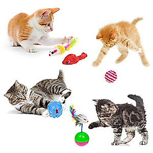Malier Cat Toys Kitten Toys Set, Collapsible Cat Tunnels for Indoor Cats, Interactive Cat Feather Toy Fluffy Mouse Crinkle Balls Toys for Cat Puppy Kitty Kitten Rabbit (A-Rainbow)
