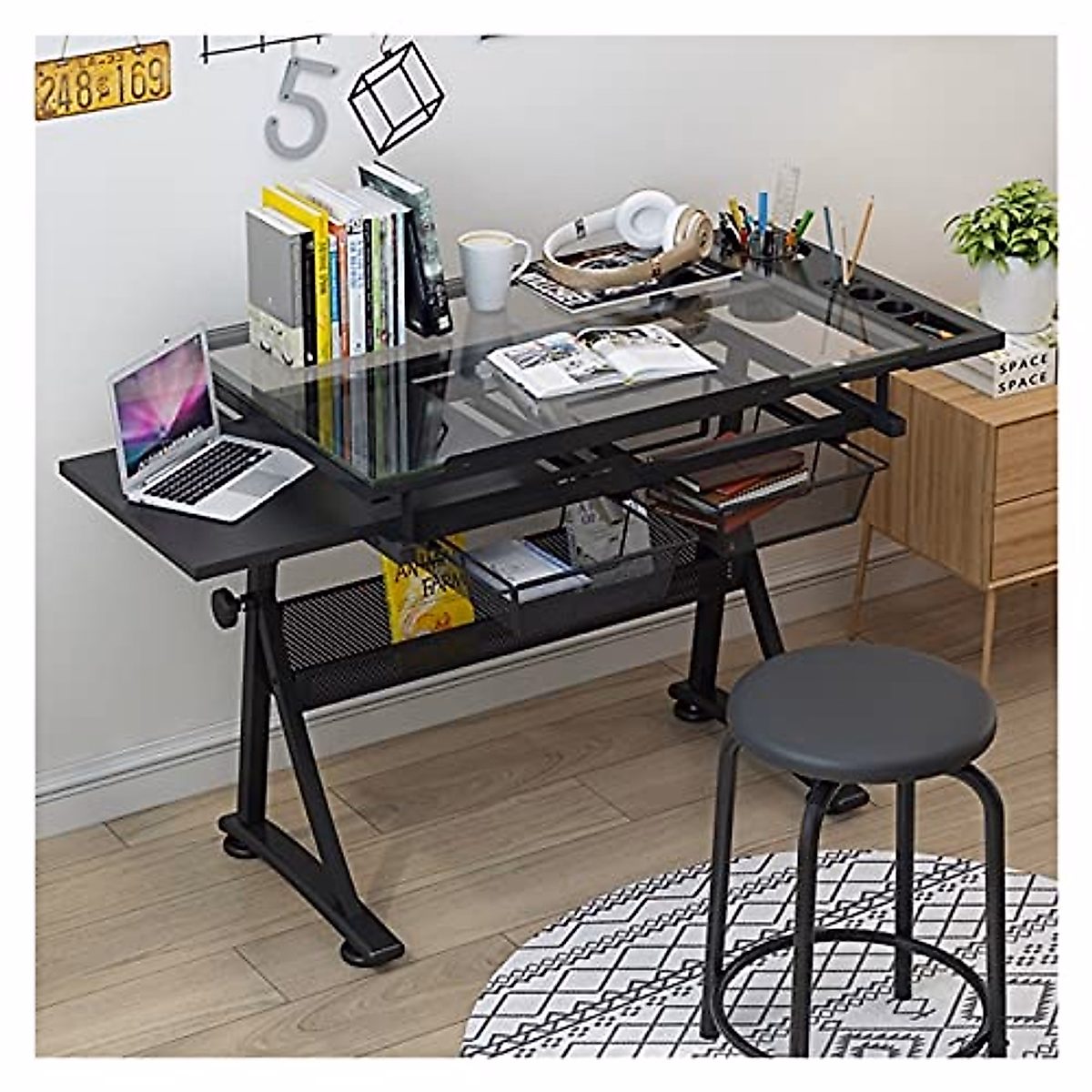 Adjustable Glass Drafting Table,Versatile Art Study Table,with Storage Drawers,Art Studio Design Sketching Painting Work Station