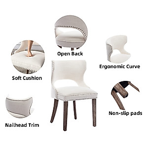 CIMOTA Mid Century Modern Dining Chairs Set of 2, Upholstered Dining Room Chairs Comfy Armless Side Chairs with Open Back/Nailhead Trim for Kitchen/Dining Room/Living Room, Linen Beige/2PCS