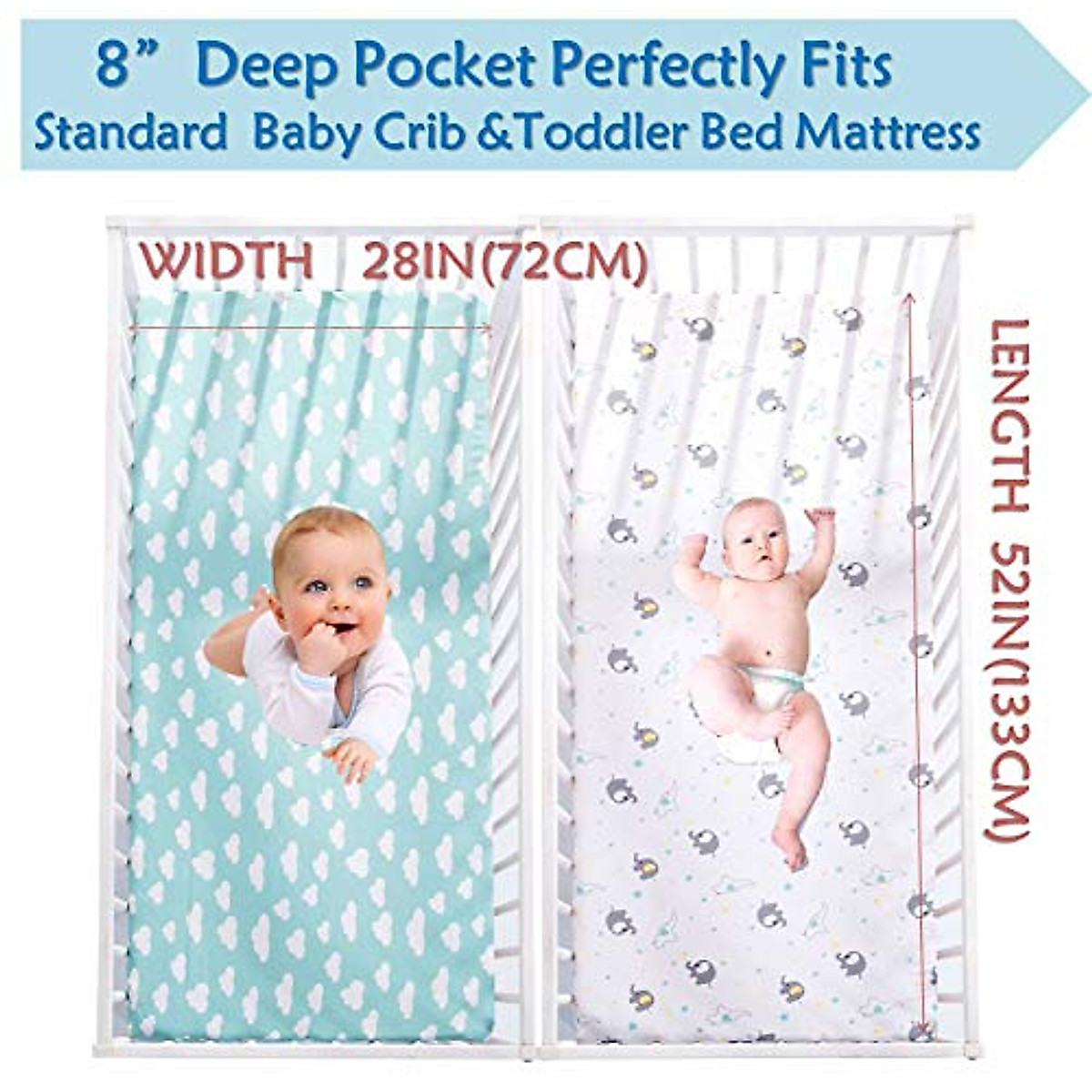 Crib Sheets Neutral, 2 Pack Fitted Crib Sheets Set, Printed Crib Sheets for Boys and Girls, Soft and Breathable Silky Microfiber Baby Sheet Fits Standard Crib and Toddler Mattress, Elephant & Clouds