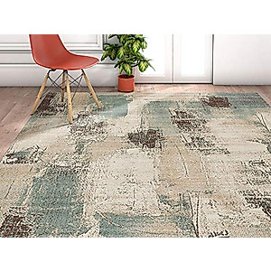 Well Woven Sandro Blue Tan Brown & Ivory Modern Abstract Short Pile Kilim Style (3'3" x 5') Area Rug Multi Color Pattern