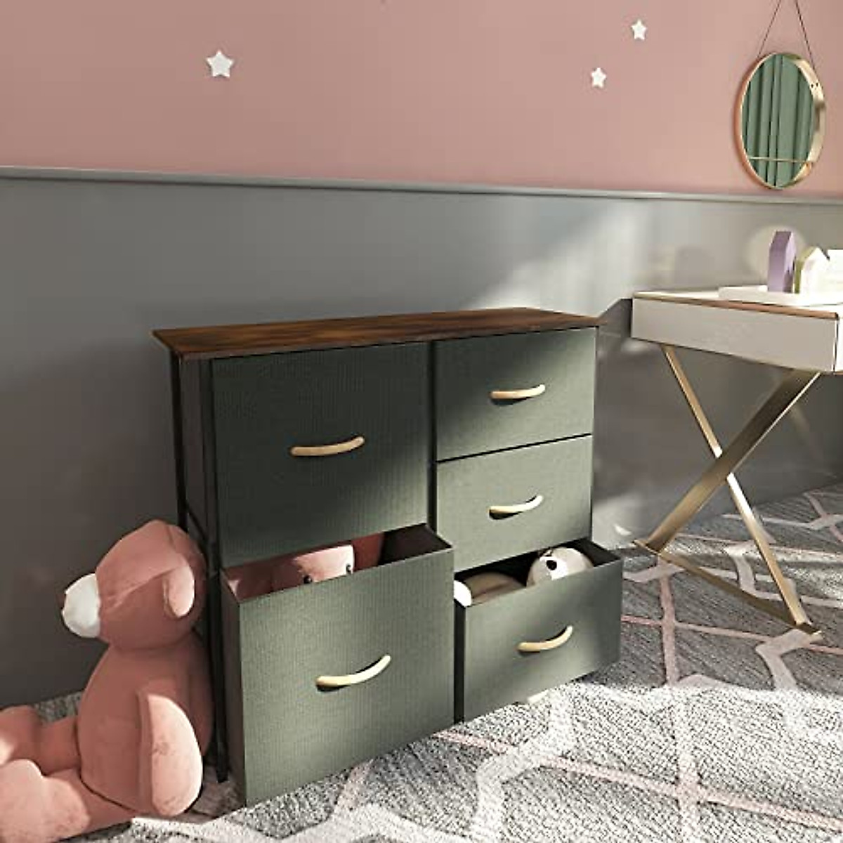 MAXCBD Nightstand Bedside Table Drawer Cabinet 5-Drawers Dresser Storage Closet Durable 5 Removable Fabric Wide Bamboo Shelves Crafted with A Wooden Tabletop and Metal Frame Storage Tower Dresser