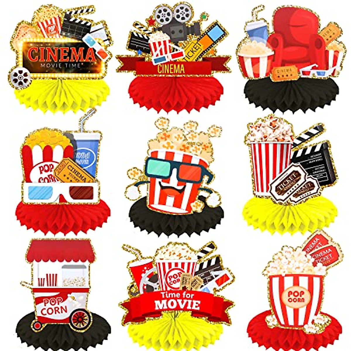 9PCS Movie Night Birthday Party Decoration Movie Table Honeycomb Centerpiece Movie Theme Theatre Table Decoration Movie Night Party Decoration for Movie Star Birthday Party Supplies