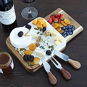 Cheezcare Marble Cheese Board - Acacia Wood Tray with 3-Knife Set - Marble Charcuterie Board for 2-6 People - Great Gift for Weddings, Anniversary & Housewarming Parties - White Marble Board