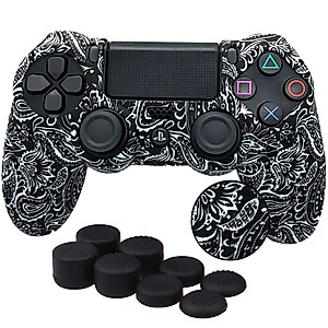 Antil-Slip Silicone Controller Cover Protective Case for PS4/SLIM/PRO Controller Soft Cover Skin for Dualshock 4 Controller with 8 Thumb Grips(White Black Print)