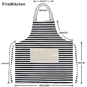 FirstKitchen Kitchen Apron Women, Canvas Apron with Pockets, Black and White Striped Apron, Cooking Aprons for Women, Men Chef, Kitchen Bib Apron for Baking, Grilling and Gardening