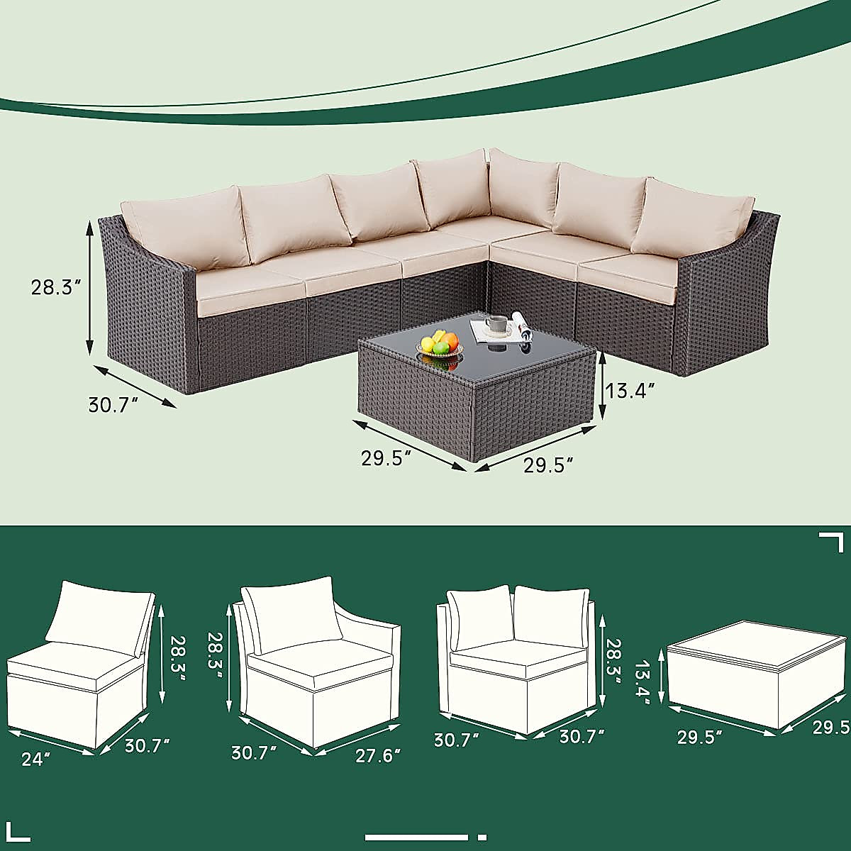 EROMMY 7 Pieces Outdoor Patio Furniture Set, Sectional PE Rattan Conversation Set, Sofa Set with Glass Table, Cushions and Pillows, Patio Sofa for Garden, Lawn, Balcony