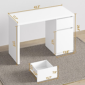 furtble White Desk with Drawers, 43 Inch Small Cute Desk for Bedroom, Home Office PC Desk Workstation Study Table Desk with Storage, White