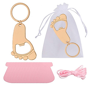 12 Pack Baby Footprint Key chain Bottle Opener Baby Shower Favors for Guests Decoration, Bottle Opener Party Favor,Girl Baby Shower Souvenirs with Organza Bags and Tags (Pink, 12)