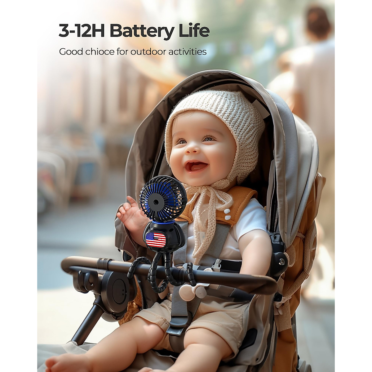 Koonie Astronaut Portable Stroller Fan, Baby-Safe Clip-on with Detachable Flexible Tripod, Rechargeable Battery-Operated, 3-Speeds, 270° Rotation - Ideal for Car Seats, Cribs, Treadmills, Travel