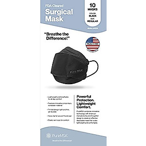 PURE-MSK Trifold Disposable Mask - Made in the USA - Light Weight Easy Breathing Material - Adult Size - 10 Pack - Black