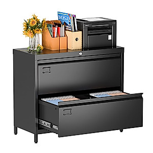 GangMei Metal Lateral File Cabinet with 2 Drawers, Wide Lateral Filing Cabinet with Lock for Hanging Files Letter/Legal/F4/A4 Size for Home Office School, Black, Assembly Required