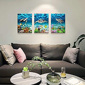 Canvas Wall Art for Living Room family Wall decor for Bedroom Bathroom Wall Decoration blue Ocean Sea Turtle Canvas Art Modern shark Pictures Artwork Paintings office Ready to Hang 12" x 16" 3 Pieces
